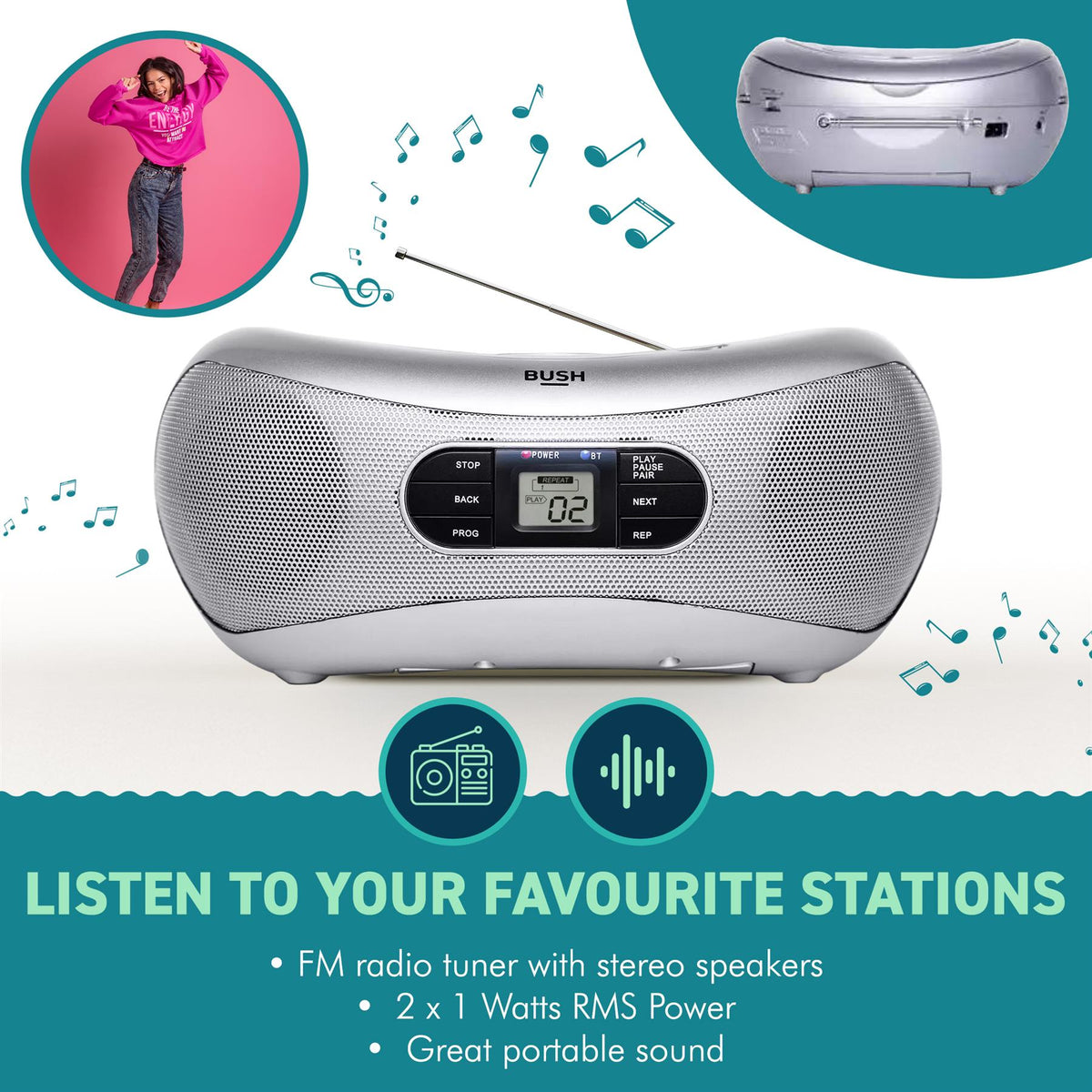 Bush Bluetooth CD Boombox – Programmable CD Player with EASY-TO-READ L ...