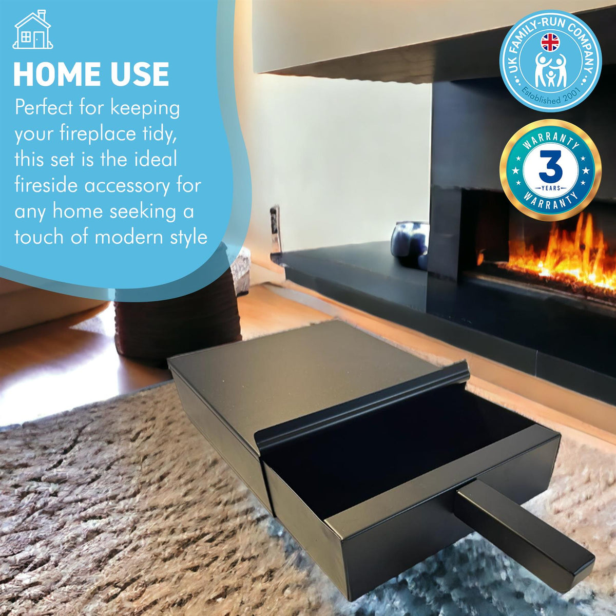 Black powder coated FIRESIDE METAL SQUARE ASH PAN CARRIER BOX AND SHOV ...