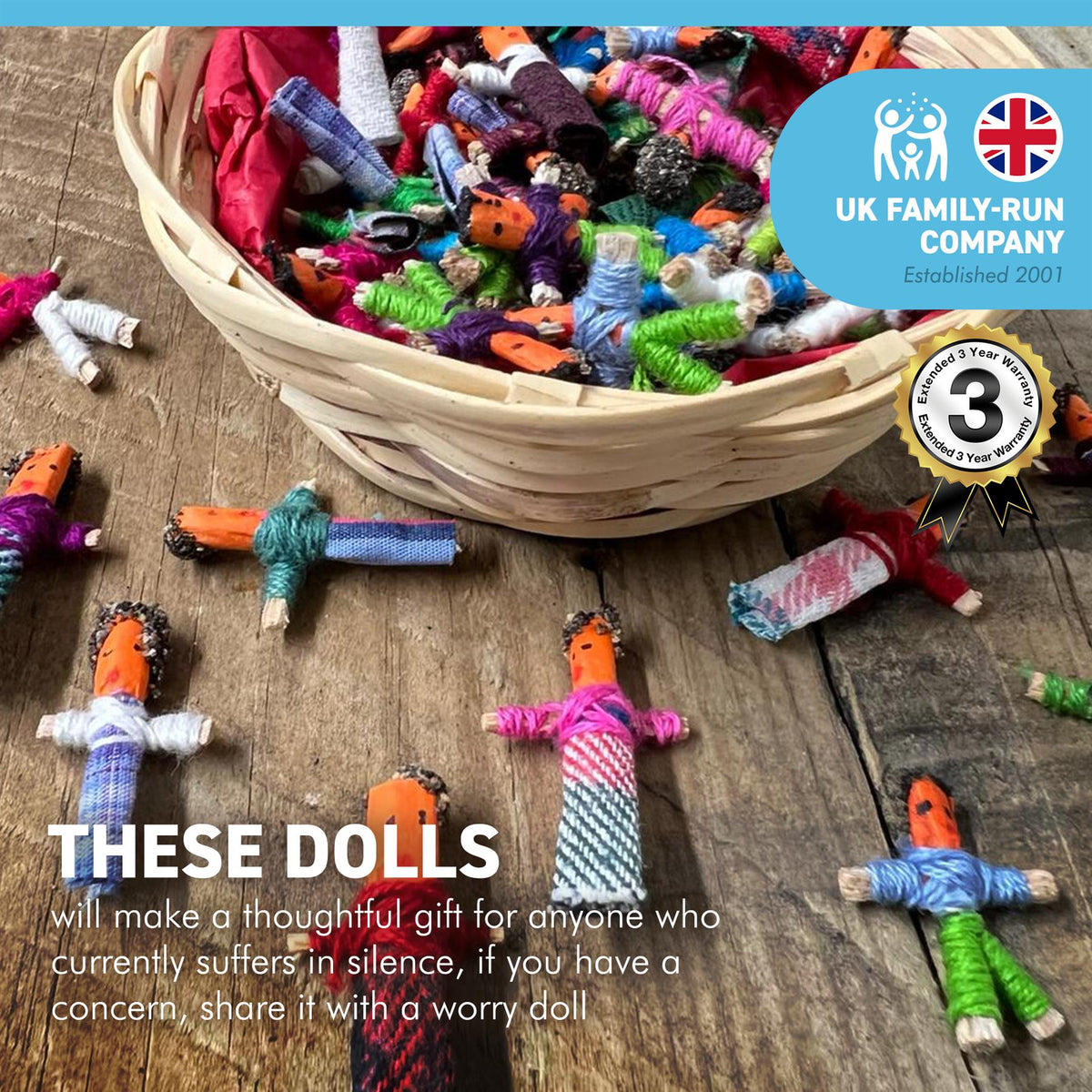 Basket of 72 Guatemalan handmade Mini Worry Dolls – Thorness.co.uk